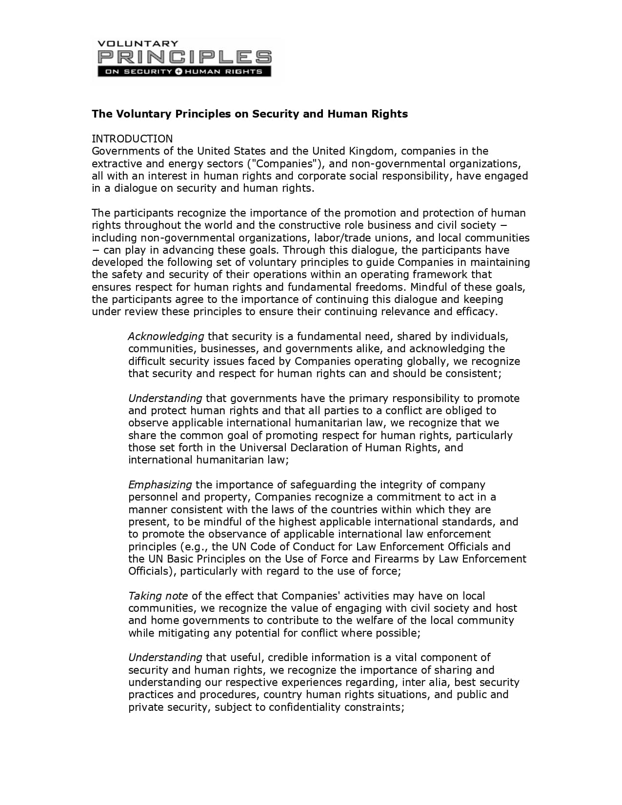 Voluntary Principles on Security and Human Rights (VPs) - Resources
